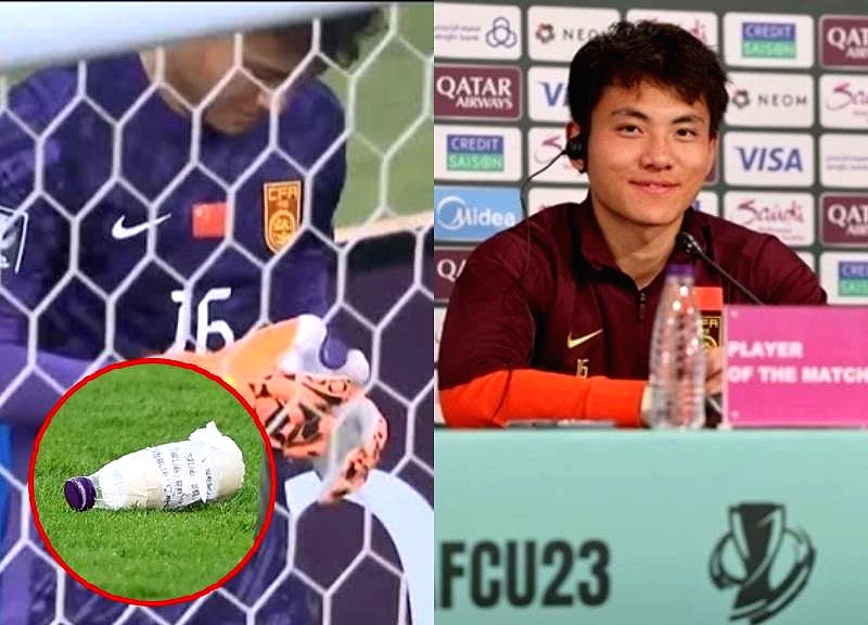A close-up of the water bottle that helped the Chinese goalkeeper ...